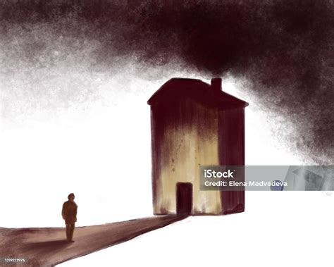우울증과 정신 건강에 대한 검색 초현실적 인 그림 우울한 건물로 가는 길에 있는 남자의 실루엣 단일 이미지에 대한 스톡 벡터 아트 및 기타 이미지 Istock