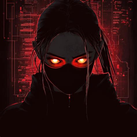 Hacker Girl With Red Eyes And Black Mask Premium AI Generated Image