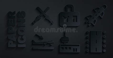 Set Airport Control Tower Rocket Plane Landing Runway Suitcase And Marshalling Wands Icon