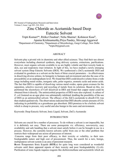 Zinc Chloride As Acetamide Based Deep Eutectic Solvent Docslib