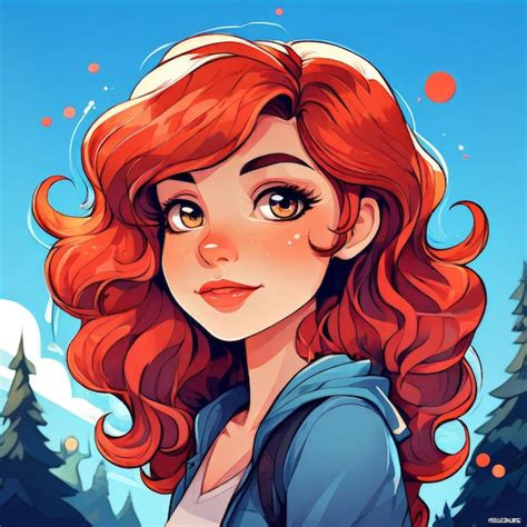 Vector Illustration Of Cute Red Haired Girl With Red Eyes And Curly Hair In Red Dress With Red