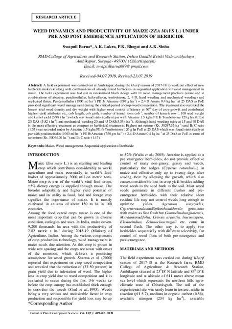 Pdf Weed Dynamics And Productivity Of Maize Zea Mays L Under Pre And Post Emergence