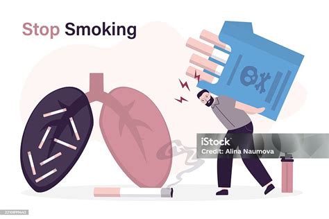 중독에 걸린 불행한 흡연자 젊은 성인은 무거운 담뱃갑을 들고 다닙니다 아픈 폐 암 건강에 해로운 습관 마약 의존 개념 남자는 흡연 생활 방식을 포기하지 않습니다 담배 끊기에