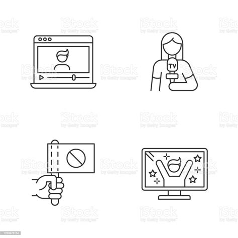 브로드캐스트 픽셀 완벽한 선형 아이콘 세트 노트북에서 동영상 블로그를 시청하세요 기자 방송 뉴스 사용자 정의 가능한 얇은 선 윤곽 기호 격리된 벡터 개요 그림입니다 편집