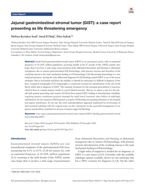 Pdf Jejunal Gastrointestinal Stromal Tumor Gist A Case Report Presenting As Life