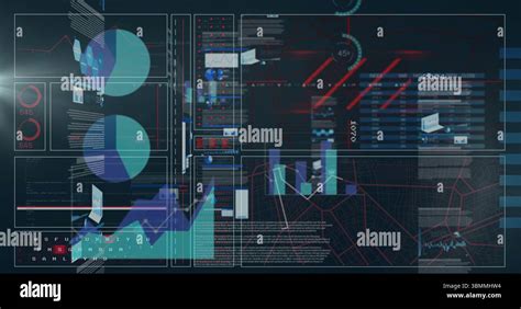 Displaying Futuristic Data Dashboard Showing Pie Charts Bar Graphs And Map Overlay On Dark Grid