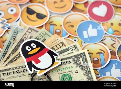 Kyiv Ukraine April 20 2024 Tencent Qq Logo And Many Usd Money Bills