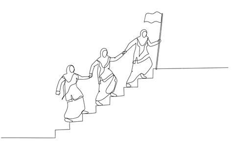 깃발을 들고 손을 잡고 계단을 올라가는 이슬람 여성 기업가 팀의 그림 단일 라인 아트 스타일 프리미엄 벡터