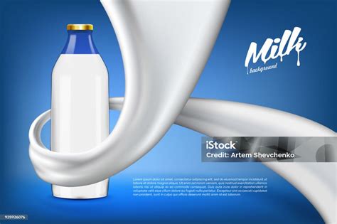벡터 우유 배경 배너 디자인에 대 한 준비 이랑 음료 제품 개념 현실적인 그림 우유 또는 요구르트 소용돌이와 전체 유리 병 우유에 대한 스톡 벡터 아트 및 기타 이미지