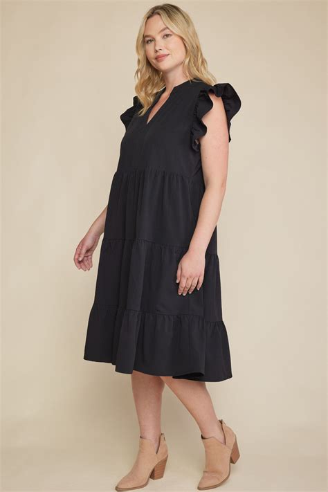Entro Plus Size V Neck Ruffle Sleeve Tiered Midi Dress With Pockets