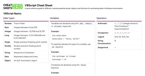 Vbscript Cheat Sheet Cheatsheet Cheat Sheets Hero