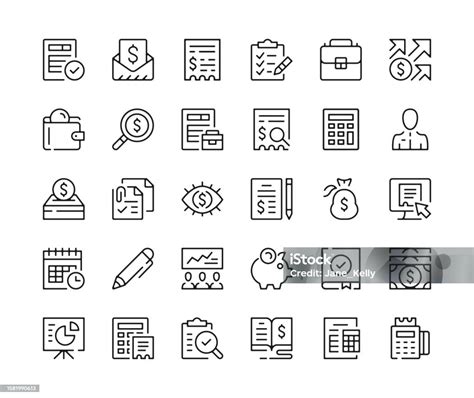 회계 아이콘입니다 벡터 선 아이콘이 설정되었습니다 사업 계산 세금 양식 작성 예산 회계 부기 개념 검은색 윤곽선 획 기호 아이콘에 대한 스톡 벡터 아트 및 기타 이미지