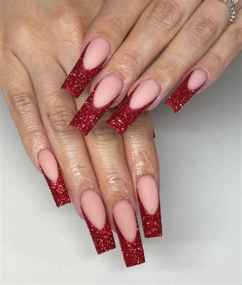 Red Glitter Tips Red Nails Glitter Acrylic Nails Coffin Pink Red Nails