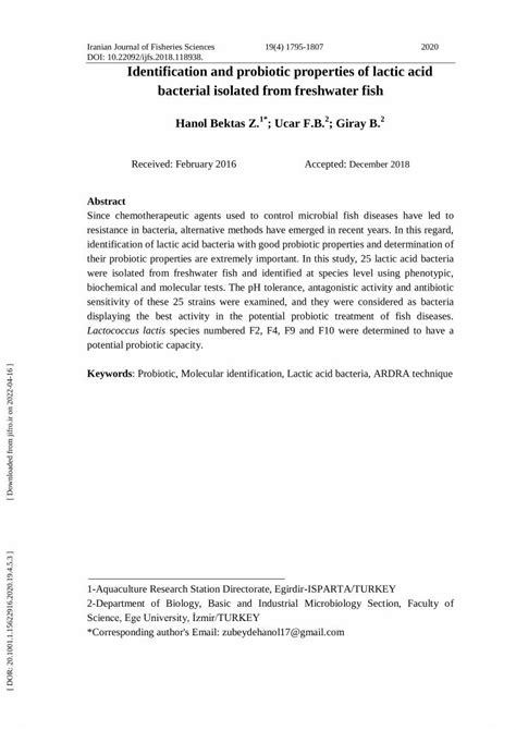 Pdf Identification And Probiotic Properties Of Lactic Acid Dokumentips