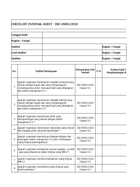 Form Checklist Iso 45001 1k3 Pdf