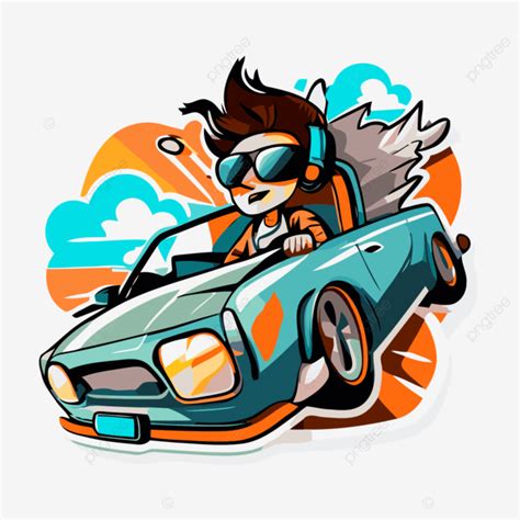 천사 스티커와 함께 만화 자동차 운전 캐릭터 일러스트 벡터 고립 된 만화 자동차 라이더와 스티커 디자인 상표 캐릭터 일러스트 Png 일러스트 및 벡터 에 대한 무료