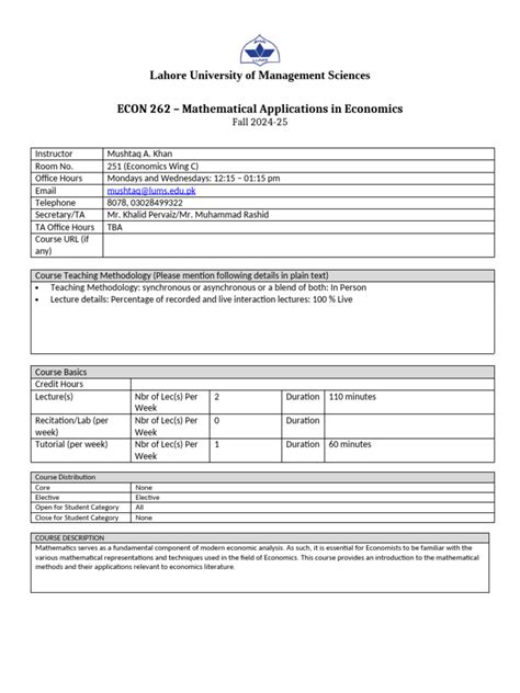 Econ 262 Fall 2024 25 Course Outline Pdf