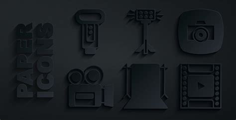 빈 사진 스튜디오 사진 카메라 레트로 시네마 카메라 필름 롤 카트리지 스튜디오 전구 소프트 박스 및 플래시 아이콘을 설정합니다 벡터 3차원 형태에 대한 스톡 벡터 아트 및