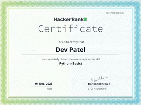 Dev Patel On Linkedin Earned A Certificate From Hackerrank For Assessment Skill Test In Python