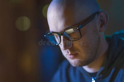 Close Up Of Hacker In Glasses Looking At Screen Stock Image Image Of Crime Asian 149079503