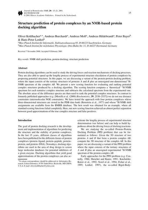 Pdf Structure Prediction Of Protein Complexes By An Nmr Based Protein Docking Algorithm