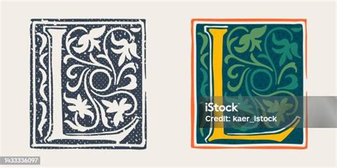 중세 고딕 양식의 L 문자 로고 희미한 색상과 흑백 그런 지 스타일 엠블럼 세트 알파벳 L에 대한 스톡 벡터 아트 및 기타