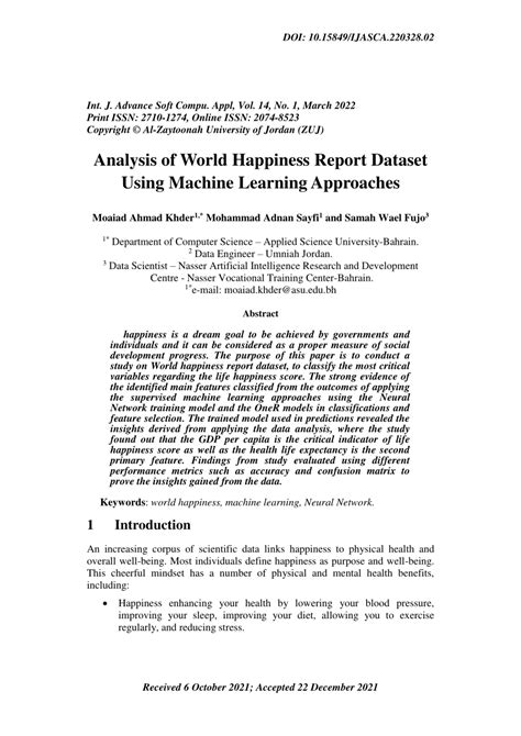Pdf Analysis Of World Happiness Report Dataset Using Machine Learning Approaches