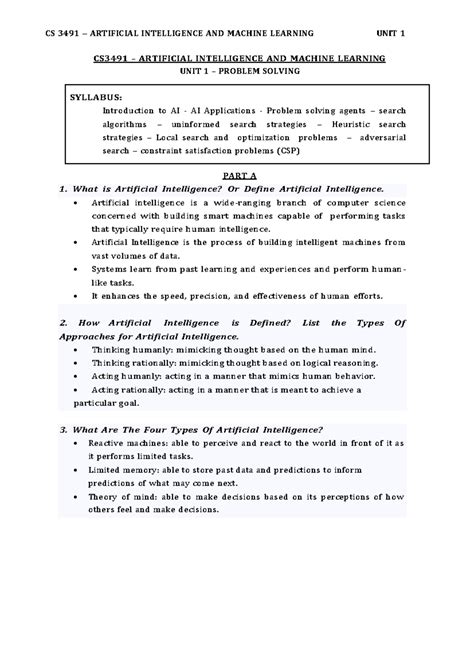 Cs3491 Artificial Intelligence And Machine Learning 819461728 Ai Unit 1 Syllabus