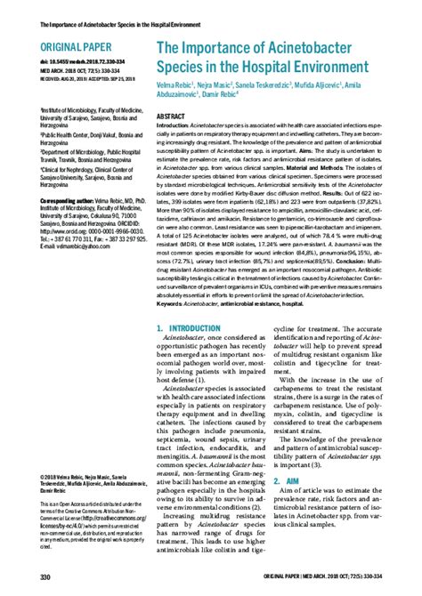 Pdf Multidrug Resistant Acinetobacter In Hospitals