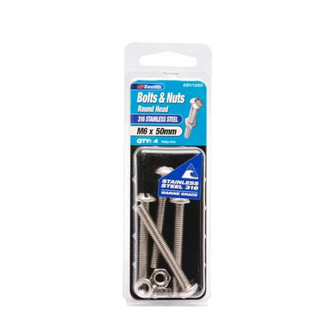 Zenith M6 X 50mm Round Head Bolts And Nuts 316 Stainless Steel 4 Pack