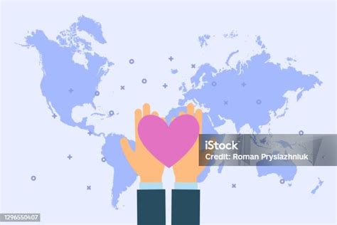 남자는 세계지도 배경에서 손바닥 손에 마음을 제공합니다 자선 및 기부 개념 발렌타인 카드에 대한 스톡 벡터 아트 및 기타 이미지 발렌타인 카드 밸런타인데이 세계지도