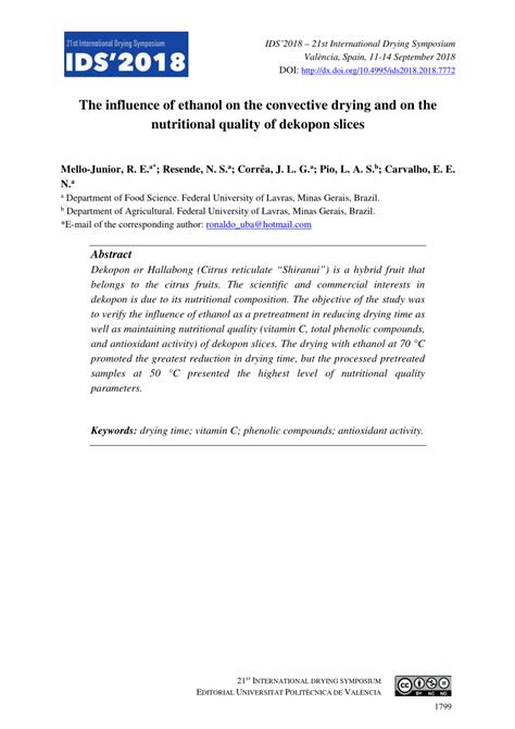 Pdf The Influence Of Ethanol On The Convective Drying And On The Nutritional Quality Of