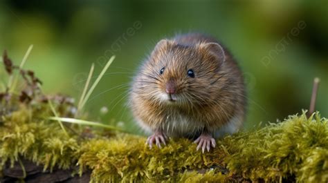 Mouse With Brown Eyes Is Standing On Moss Background Picture Vole