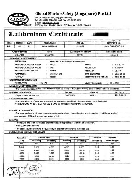 Pressure Calibrator Caibration Certificate Pdf