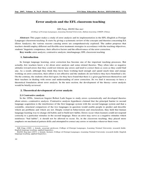 Error Analysis And The Efl Classroom Teaching Xie 2007 Download