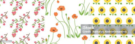 꽃 벡터 완벽 한 패턴 세트입니다 펜 또는 마커 꽃은 그림을 스케치합니다 손으로 그린 자연 연필 그림 사쿠라 양귀비 해바라기 0명에 대한 스톡 벡터 아트 및 기타 이미지