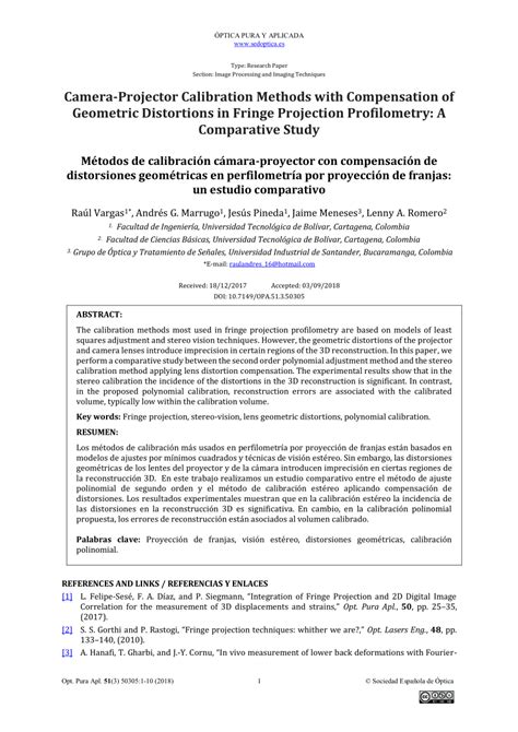 Pdf Camera Projector Calibration Methods With Compensation Of Geometric Distortions In Fringe