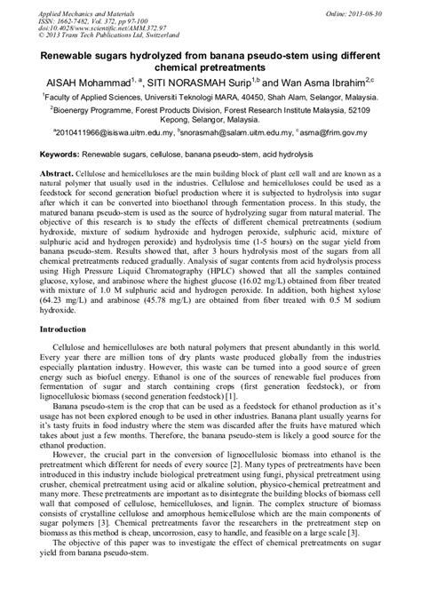 Renewable Sugars Hydrolyzed From Banana Pseudo Stem Using Different Chemical Pretreatments