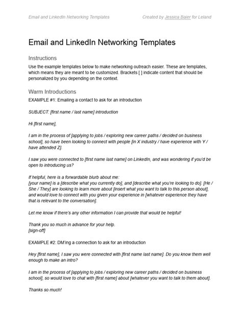 Email And Linkedin Networking Templates Jessica Baier Pdf Career