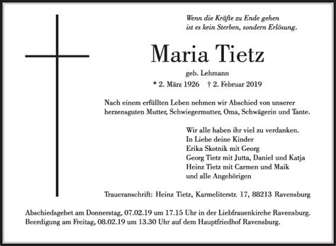 Traueranzeigen Von Maria Tietz Schwaebischede Trauerportal