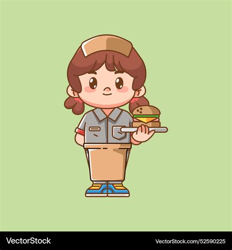 Cute Girl Waiter Serve Hamburger Kawaii Chibi Vector Image