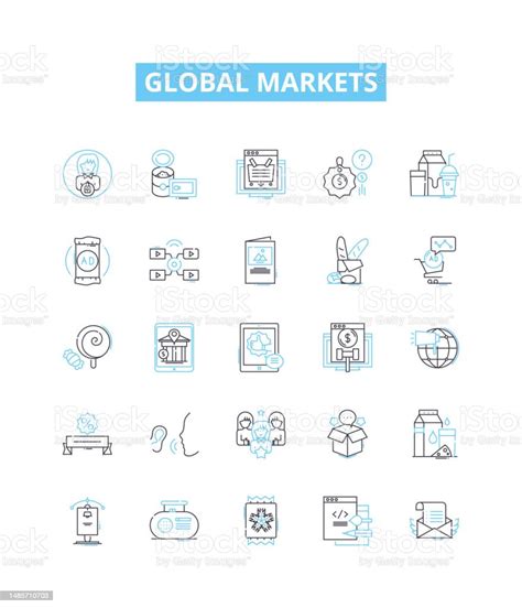 글로벌 시장 벡터 라인 아이콘이 설정되었습니다 시장 글로벌 무역 거래소 주식 통화 상품 일러스트레이션 개요 개념 기호 및 기호 관세에 대한 스톡 벡터 아트 및 기타 이미지