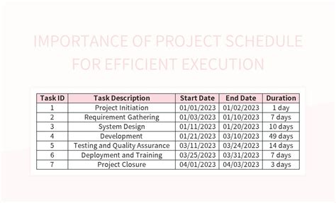 Importance Of Project Schedule For Efficient Execution Excel Template
