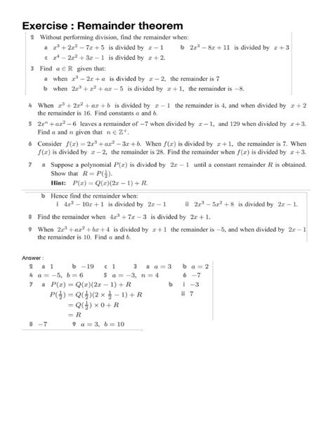 Dp1aaahl Exercise Remainder Theorem Pdf