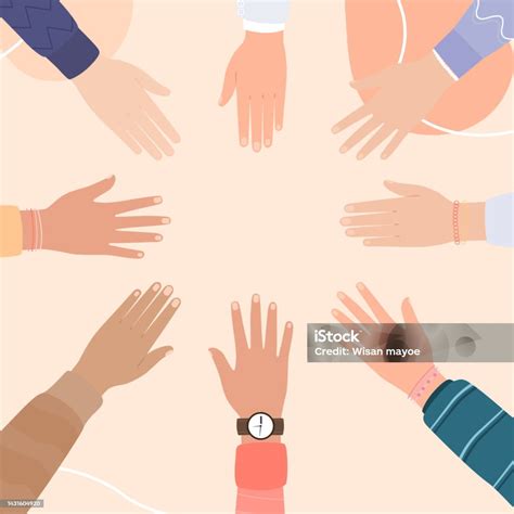 다양한 팀이 손을 모으고 젊은이들이 손을 모으고 있습니다 단합과 팀워크를 보여주는 손 더미를 가진 친구들 탑 뷰 벡터 플랫 일러스트레이션 협력의 개념 단결 공생 파트너십