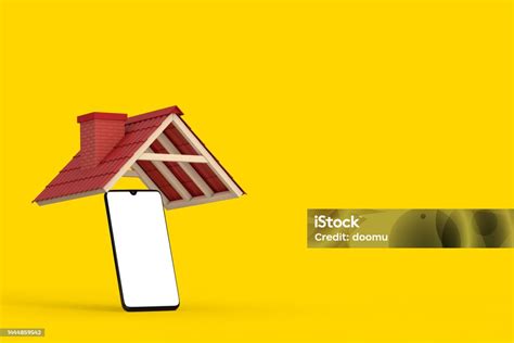 빨간 기와 지붕 아래 디자인을위한 빈 화면이있는 현대 휴대 전화 3d 렌더링 0명에 대한 스톡 사진 및 기타 이미지 0명 개념 건설 현장 Istock