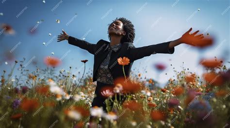 Premium Photo A Black Woman In A Field Of Flowers With Her Arms