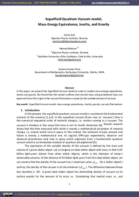 Pdf Superfluid Quantum Vacuum Model Mass Energy Equivalence Inertia And Gravity