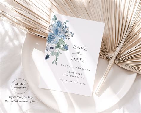 Dusty Blue Save The Date Template Blue Floral Save The Date Etsy Save The Date Templates