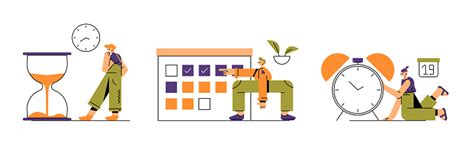 좋은 시간 관리 효율성을 보여주는 컬러 만화 캐릭터 세트 벽 시계에 대한 스톡 벡터 아트 및 기타 이미지 벽 시계 여자 개념 Istock